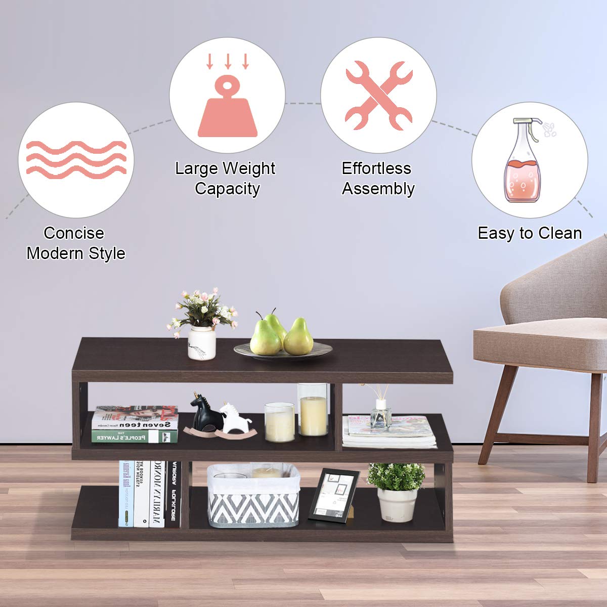 Giantex Coffee Table, Rectangular Tea Table with Storage Shelf, 3-Tier Sofa Table, Modern Console Table, Space Saving Organizer, Furniture for Home Living Room Office, Brown (Brown)