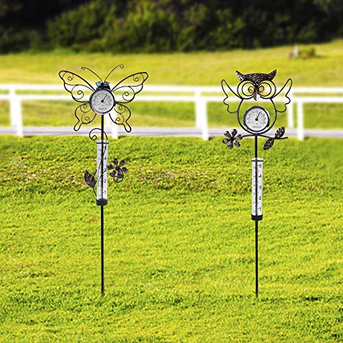 Juegoal 31.5 Inch Rain Gauge with Thermometer, Butterfly & Owl Garden Stakes Decor, Waterproof Rustproof Metal Yard Art Outdoor Lawn Pathway Patio Decorations, Set of 2