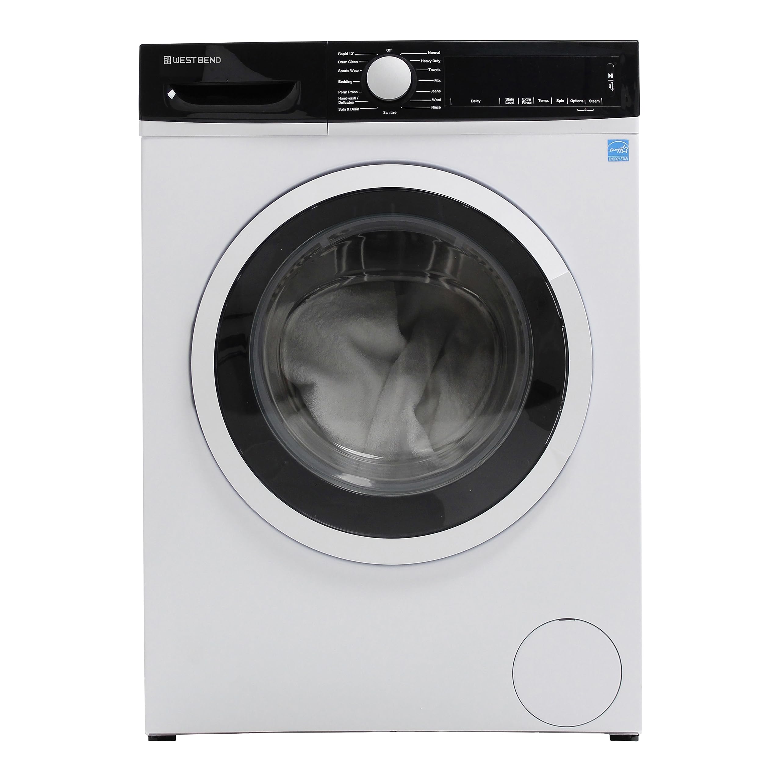 West Bend WB220FLWVW Front Load Washing Machine, Compact Washer, Stackable Option, 15 Automatic Cycles, Adjustable Water Temperatures, LED Display, and See-Through Door, 2.2 cu.ft, White