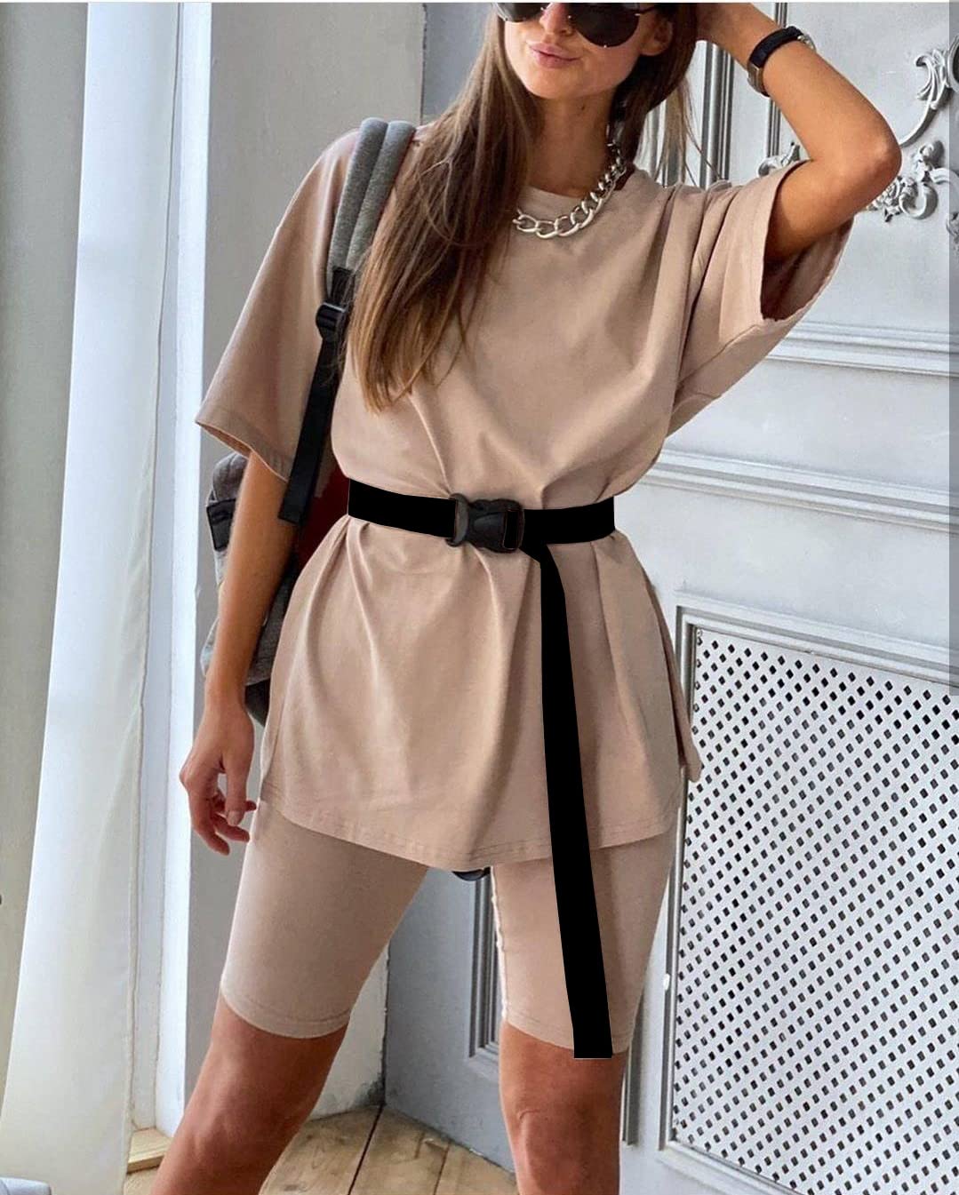 Glamaker Women 2 Piece Outfit sets Casual Oversized T-Shirt Tops Biker Shorts Workout Sport s Tracksuit Khaki Large