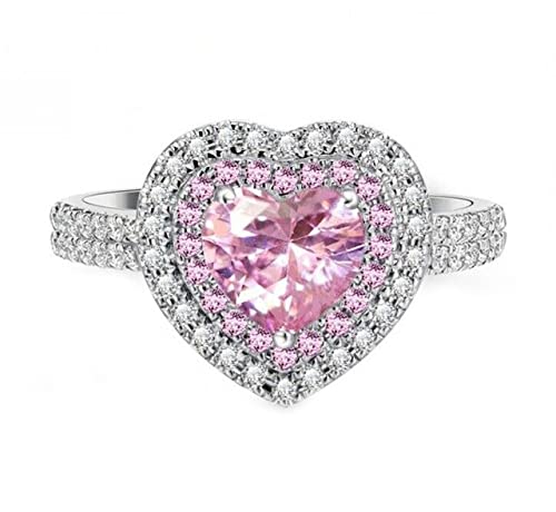 GLOW SPECTRA JEWELS 2.34 Cttw Heart Shape Simulated Pink Sapphire & White Cubic Zirconia Wedding Engagement Halo Ring In 14K White Gold Plated 925 Sterling Silver Ring Size - 7.5