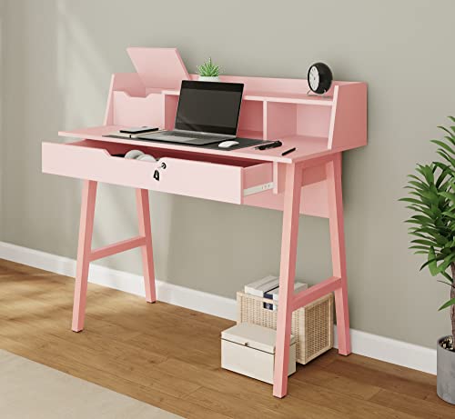 Roma Writing Desk - Elegant Wood Study Desk With Storage, Cable Holes & Drawers - Work Table for Home, Office, Dorm, Small Spaces - Compact Black Desk, 40x19x36.9β (pink)