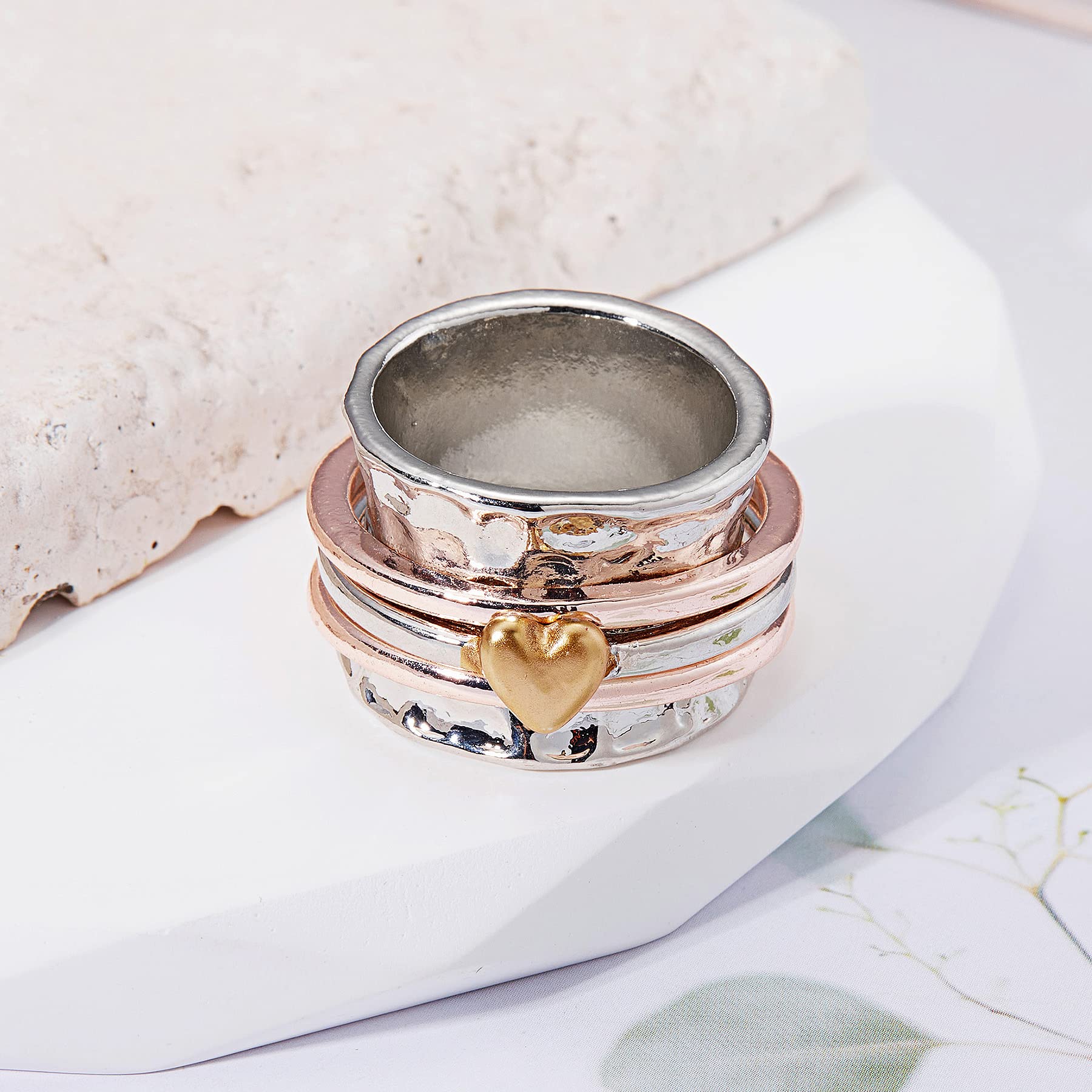 Gmai Self Love Spinner Heart Ring Silver Plain Hammered Spinner Band Rings Anxiety Relief Heart Design Fidget Spinner Wide Band Ring Love Ring Gift for Women