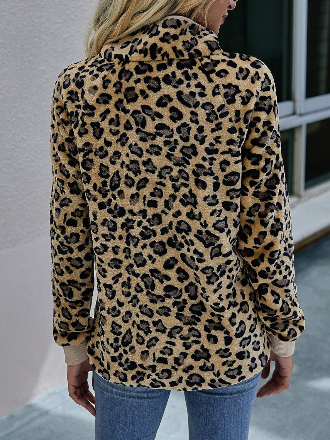 Glamaker Women's Leopard Print Long Sleeve Zipper Fuzzy Fleece Pullover Sweatshirt Oversized Sherpa Lapel Tops Outwear with Pockets Leopard-Khaki Large
