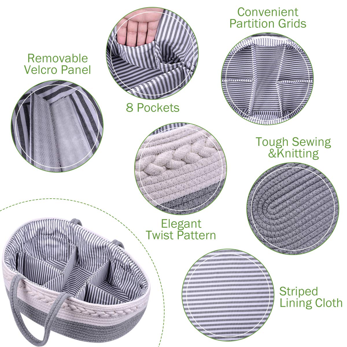 G.CORE Baby Diaper Caddy Organizer, Rope Nursery Storage Basket with Removable Division Inserts, 6 Grids 8 Pouches, for Baby Boy or Girl Shower Newborn Essential Gift Basket Bag - Large