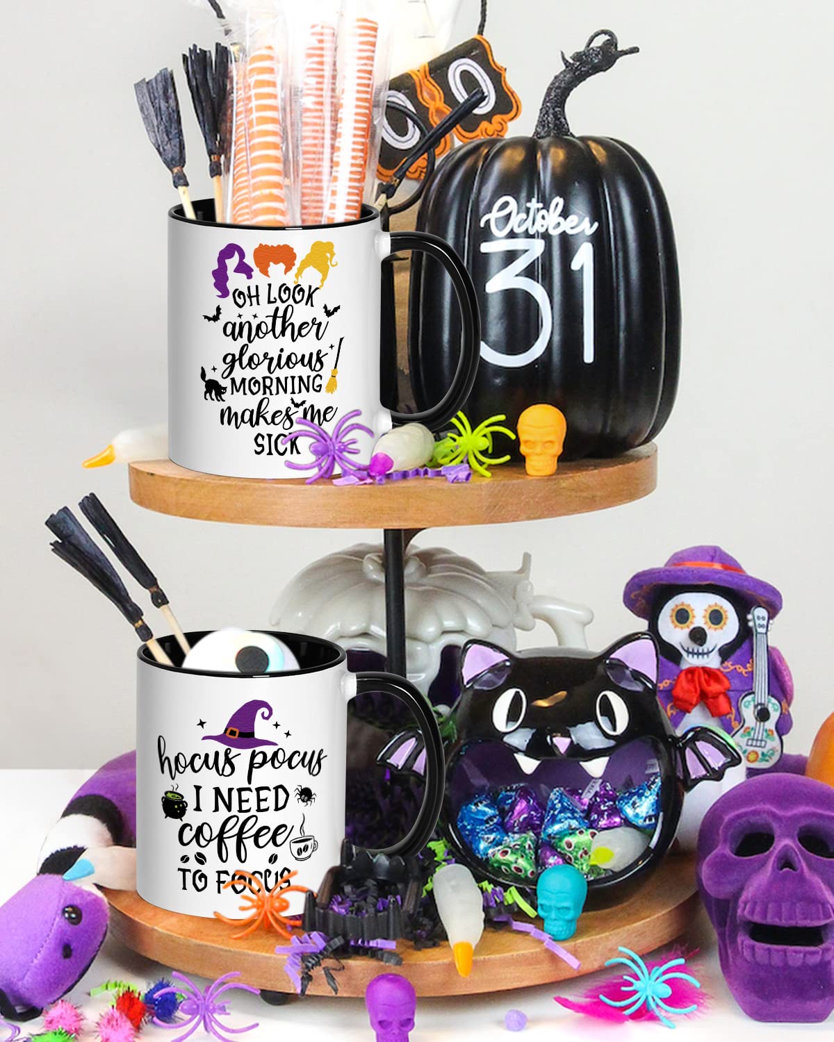Halloween Coffee Mugs Set of 2 Witch Cup Fall Mugs Coffee Gift Funny Novelty Halloween Tea Cups Farmhouse Autumn Tiered Tray Decorations Present Treat or Trick Couple Halloween