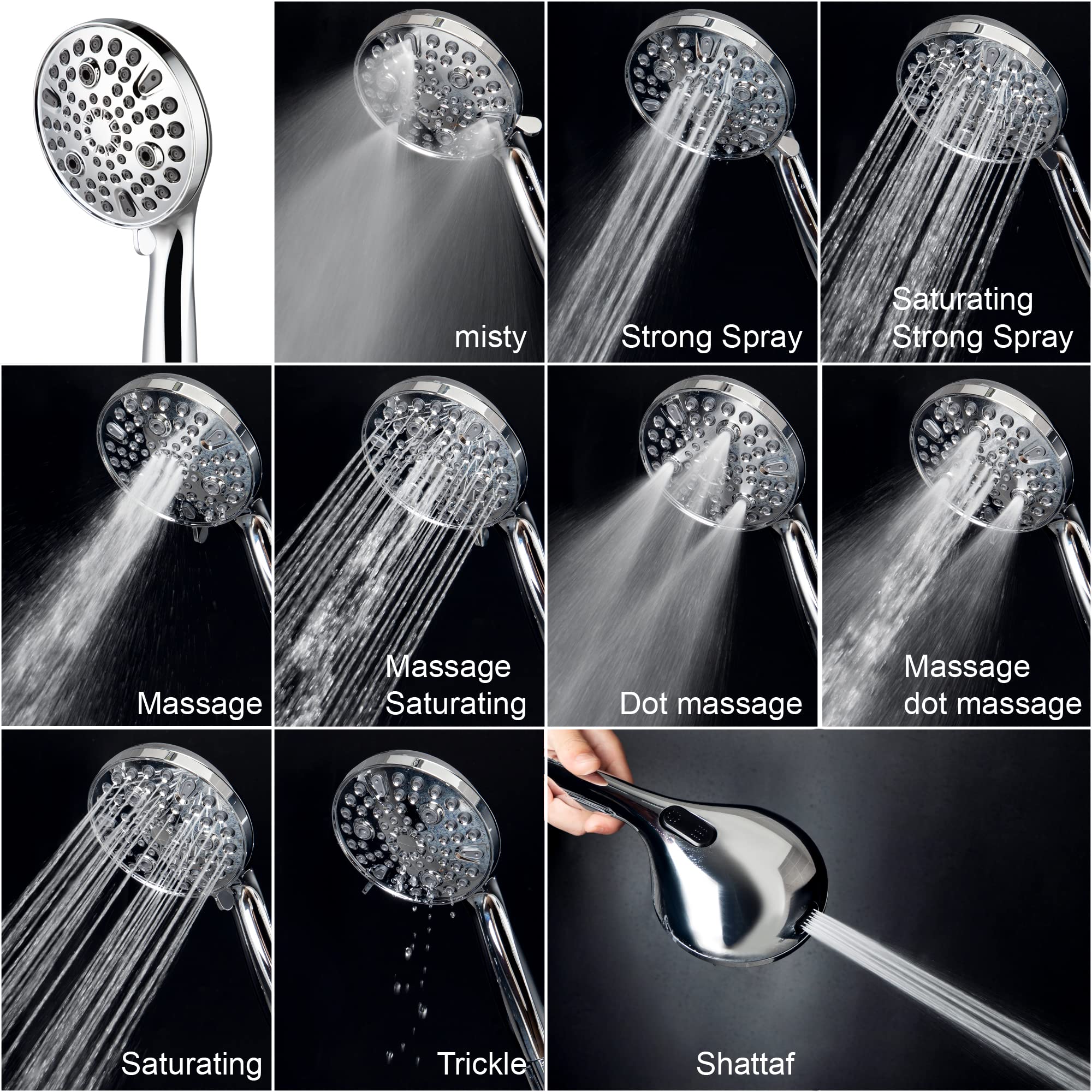 High Pressure Handheld Shower Head, 10-Setting Showerhead, 4.7”Detachable Showerhead Set with 5ft Hose, Adjustable Bracket and Built-in Power Wash to Clean Tub, Tile & Pets - Polished Chrome