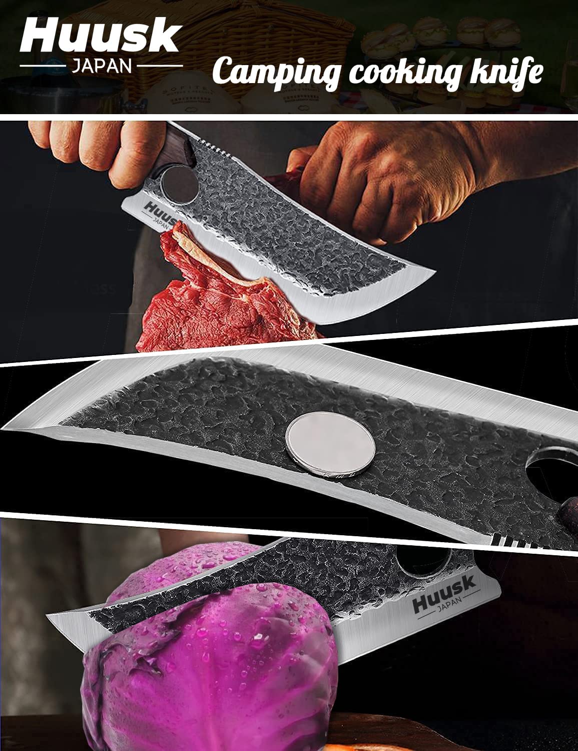 Huusk Forged Meat Cleaver Knife with Sheath Bundle with AUS 8 Stainless Steel Japanese Chef Knife