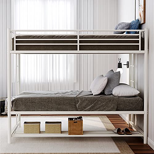 Twin Over Twin bunk Bed with Storage, Metal Twin Size Bunk Beds Frame with Stairs Full-Length Guardrail Space-Saving(Color:White)