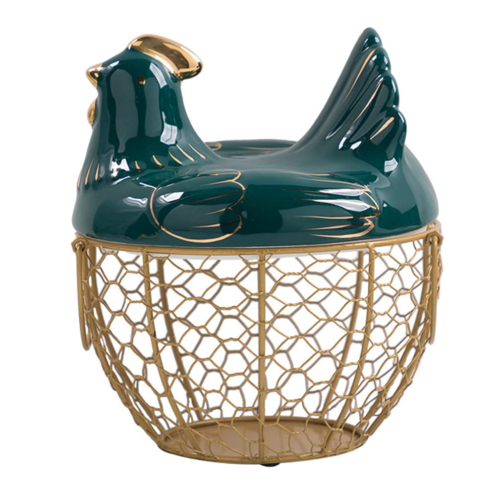 Hemoton Metal Wire Egg Basket Chicken Egg Storage Skelter Basket with Ceramic Farm Chicken Cover Egg Holder Organizer Container