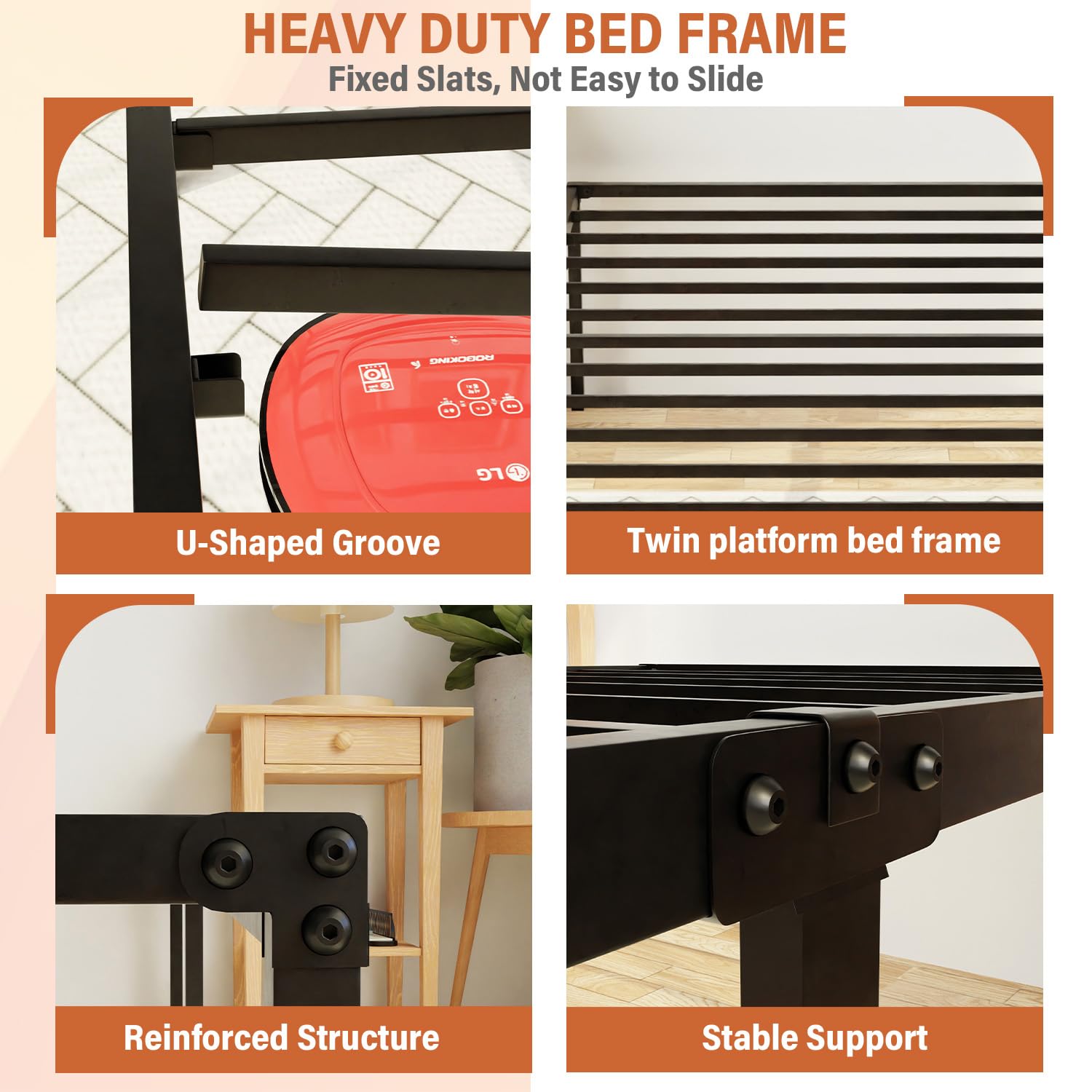 MGHH Heavy Duty Platform Bed Frame Twin Size with Storage Space Underneath, No Box Spring Needed, Easy Assembly, Mattress Foundation,Noise-Free,Twin