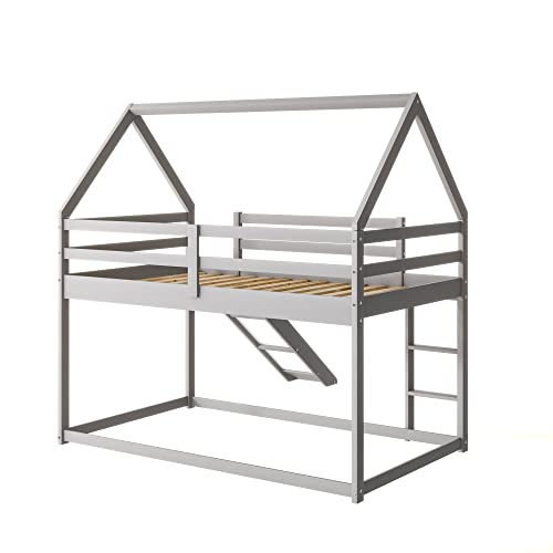 Twin Size Bunk House Bed with Convertible Slide and Ladder,Twin Over Twin Wooden Bed Frame with Guardrails for Kids Teens Girls Boys,Gray