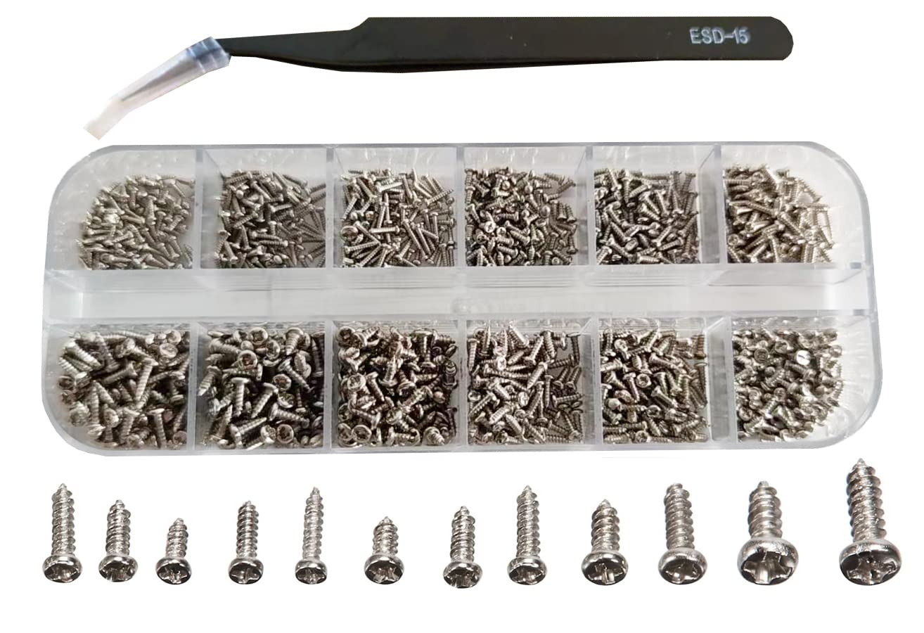 Persberg 1200 pcs 12 Kinds Small Multi-Purpose Mini Screw Assortment kit, M1 M1.2 M1.4 M1.7 Phillips Pan Head Micro Screws Self-Tapping Electronic Glasses Small Metric, Stainless Steel 304 PA (290)