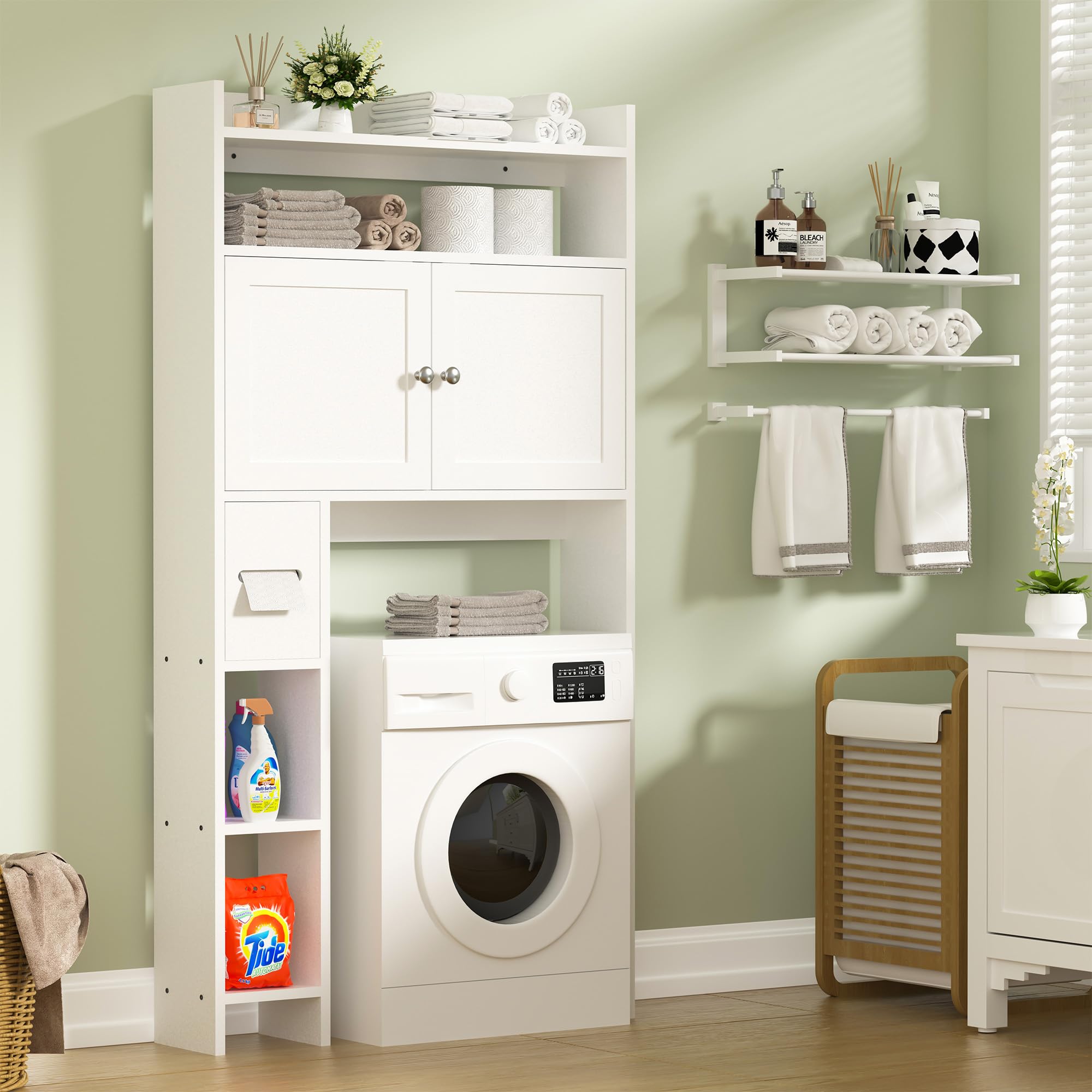 MU Over The Toilet Storage Cabinet with Side Shelves, Bathroom Storage Organizer, Space-Saving Toilet Storage Rack for Bathroom, Laundry (Farmhouse)