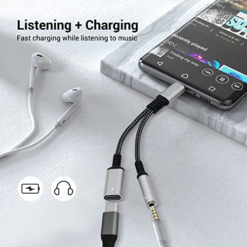 USB C to 3.5mm Headphone and Charger Adapter, 2 in 1 USB C Splitter to Audio Jack & Fast Charging Dongle Cable, Compatible with Samsung Galaxy S21 S21+ S22, Note 20 10, Google Pixel 2 3 4 XL