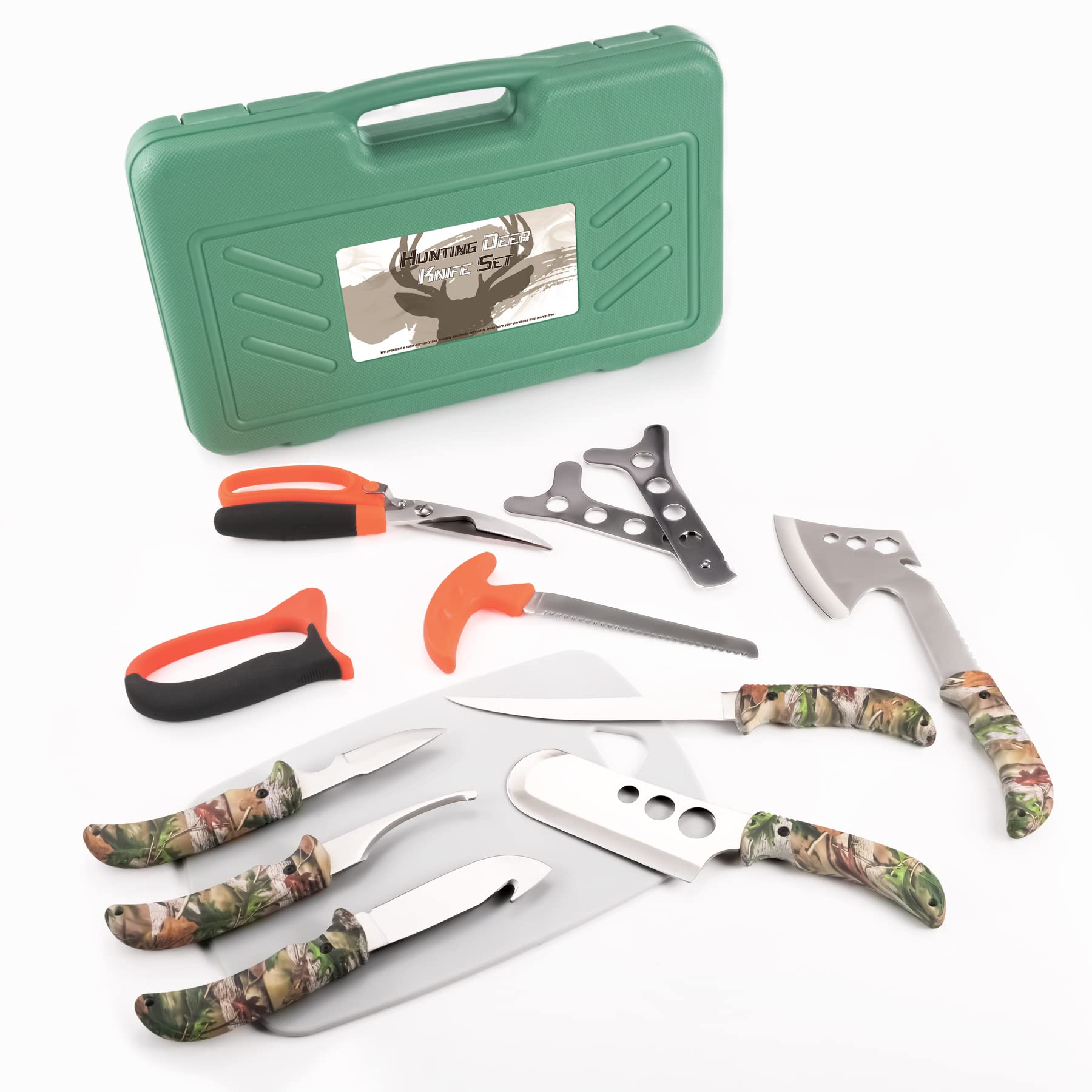 KNINE OUTDOORS 2022 Hunting Deer Knife Set Yellow Handle Field Dressing Kit Portable Butcher Game Processor Set, 12 Pieces, Yellow Green Case