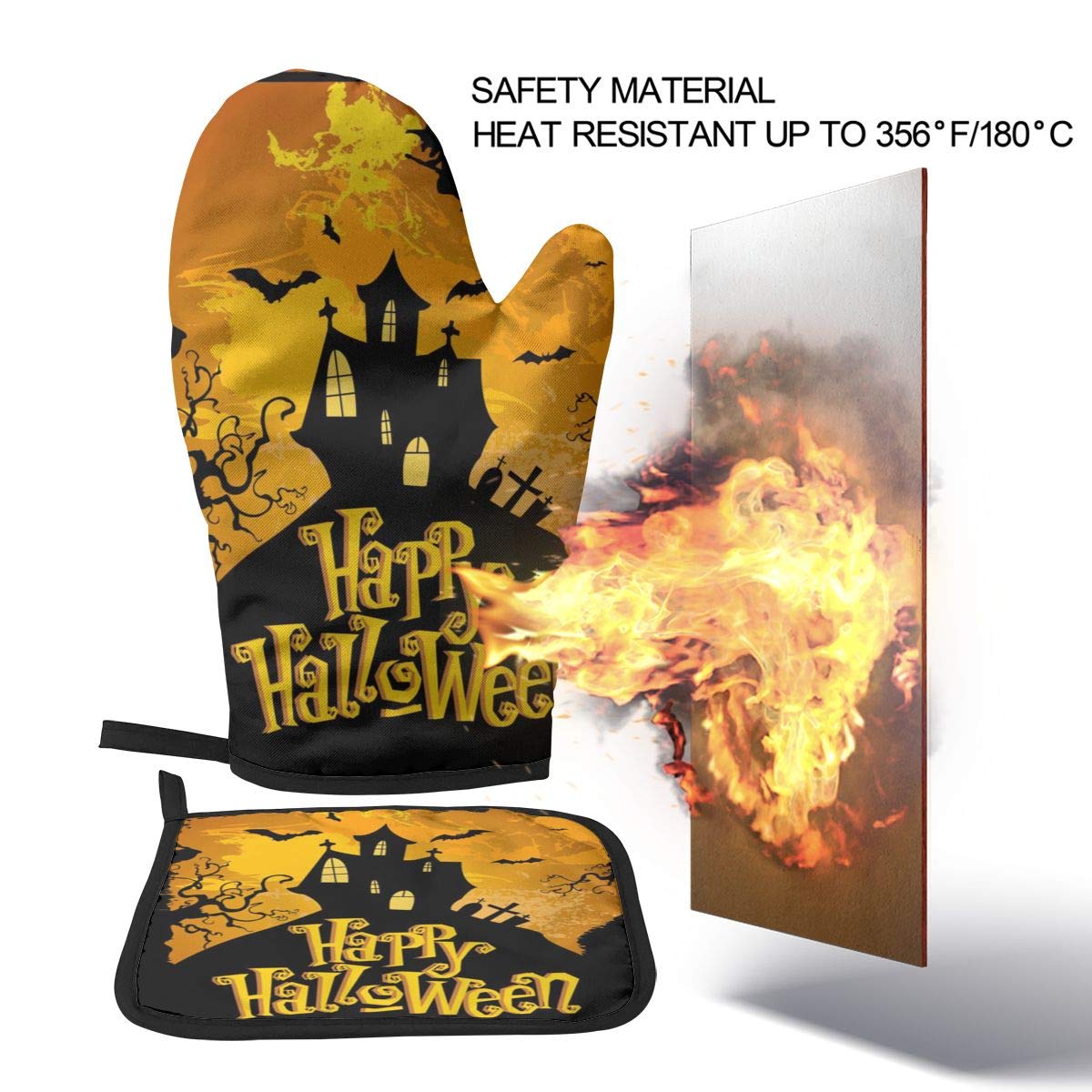 Halloween Funny Oven Mitts and Pot Holders Sets Heat Resistant Oven Gloves with Non-Slip Surface for Reusable for Baking BBQ Cooking