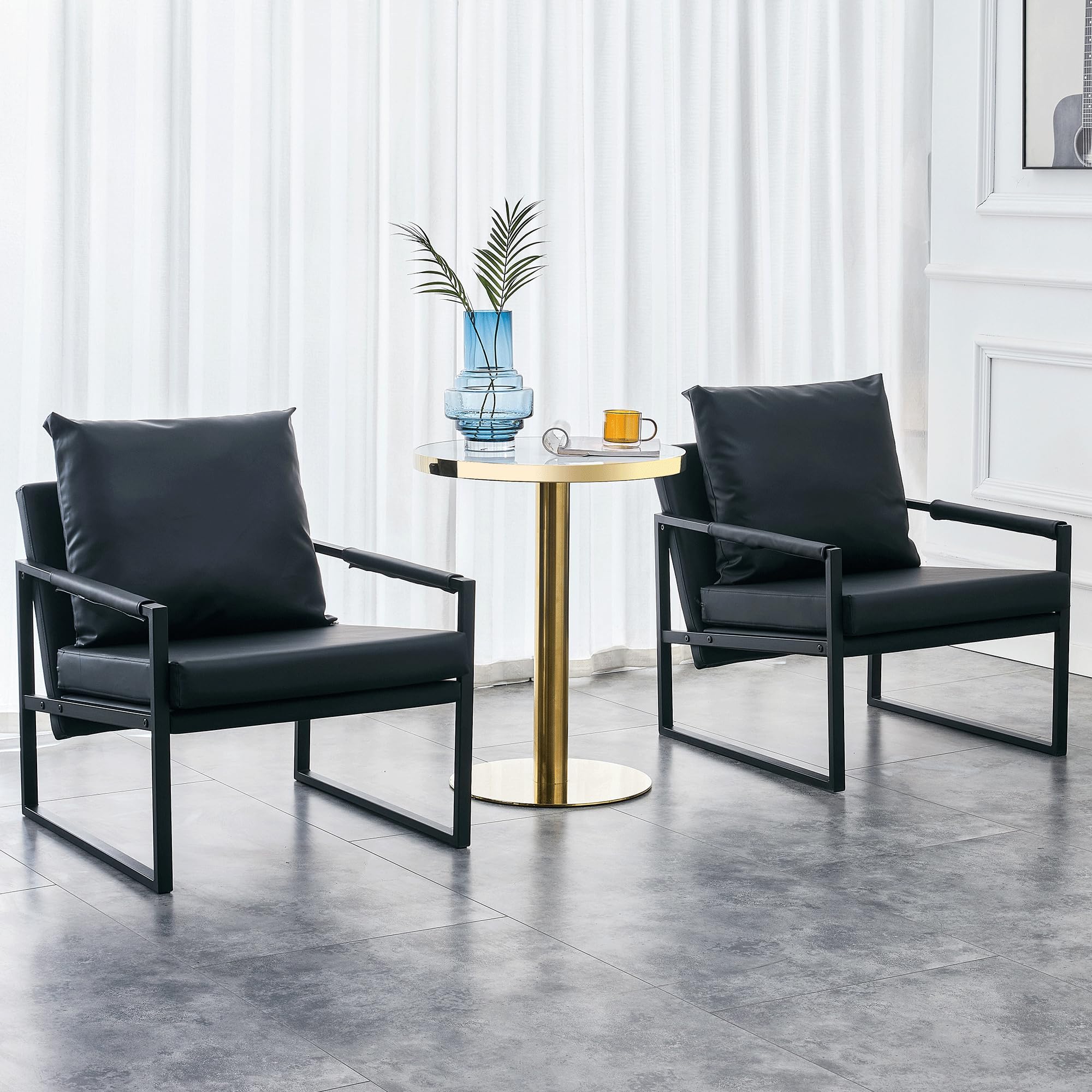 SPOFLYINN Furniture Soft Upholstered Armchair-Modern Metal Frame Pu Leather Accent Chair with Extra-Thick Padded Backrest & Seat for Home, Office, Living Room, Bedroom-Comfortable & Durable Black