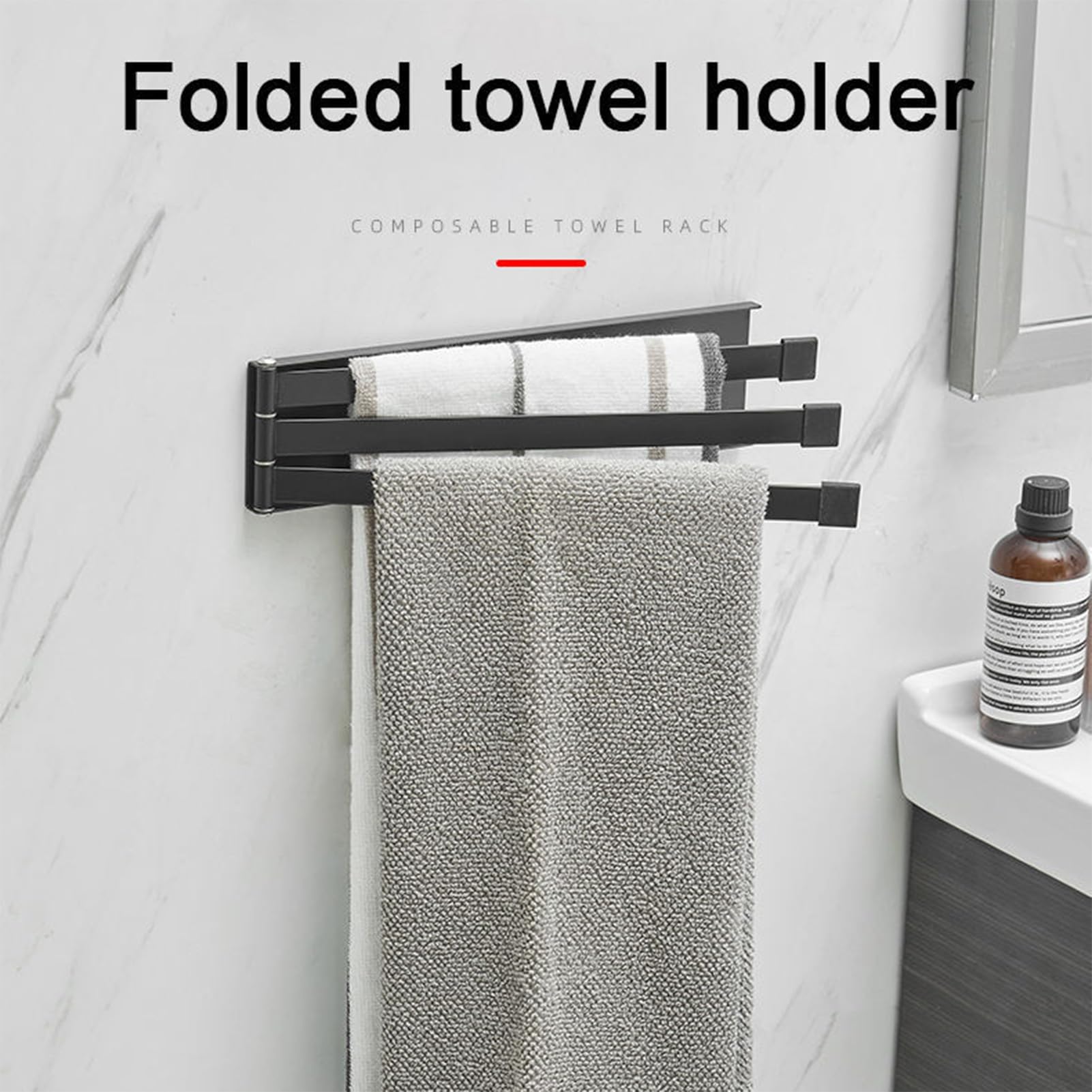 RRXIMHTT Magnetic Towel Rail Wall Mounted Bathroom Folding Towel Drying Rack Kitchen Rag Hand Towel Storage Shelf Black