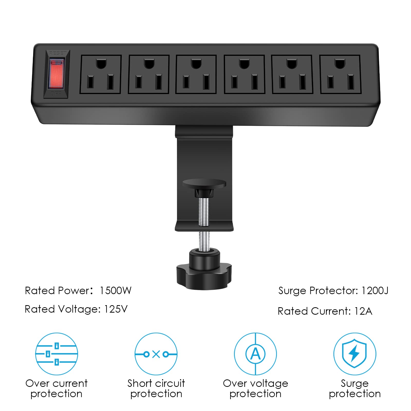 HHSOET Desk Power Strip with Switches, Clamp Outlet Strip Surge Protector, Clip on 1.7 inch Desktop Edge with 6 Outlet, Mountable Desk Outlet Removable Power Plugs, 6FT Extension Cord. (Black)