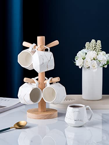 Jusalpha 7PC Deluxe Golden Marble Porcelain Coffee Mug Set with Wooden Mug Tree Holder, TCS28 (White)