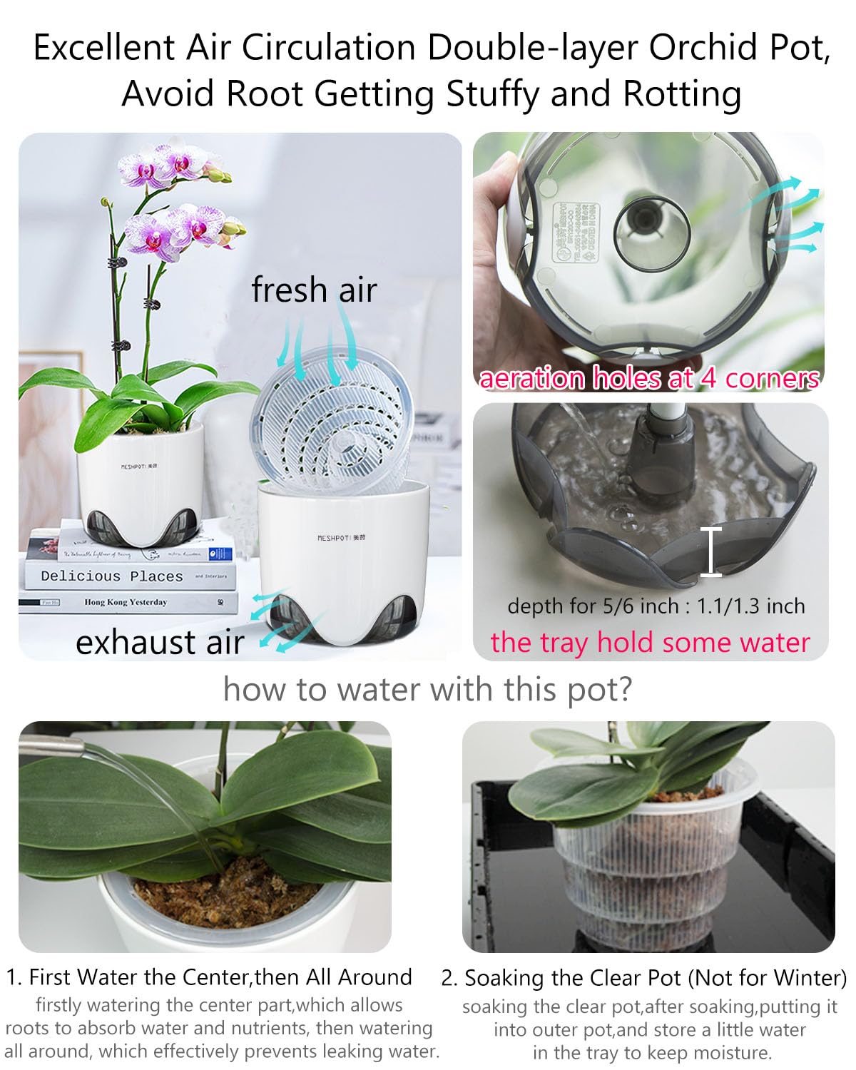 Meshpot 6 inch Orchid Pots with Holes,Set of 2,Double Layer Plastic Imitate Ceramic Orchid Planter Provide Good Air Circulation,Clear Orchid Pot Match Decorative Orchid Container