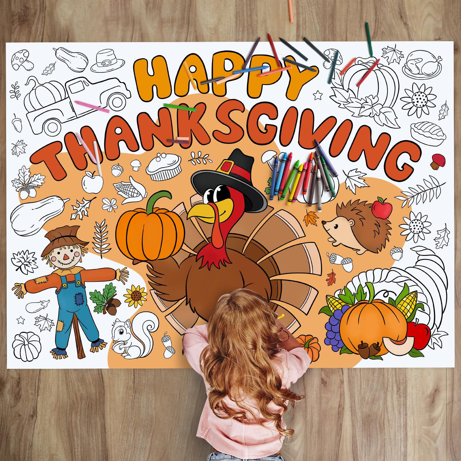 Fall Thanksgiving Coloring Poster 43.3x31.5 Inches Giant Drawing Paper Crafts for Kids Table Decorations, Color Your Own Autumn Crafts Mats for Thankful Activity Happy Thanksgiving Pumpkin Turkey