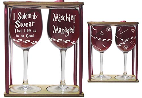 I Solemnly Swear That I Am Up To No Good AND Mischief Managed Stemmed Wine Glass Two Glass set with Charms and Presentation Packaging