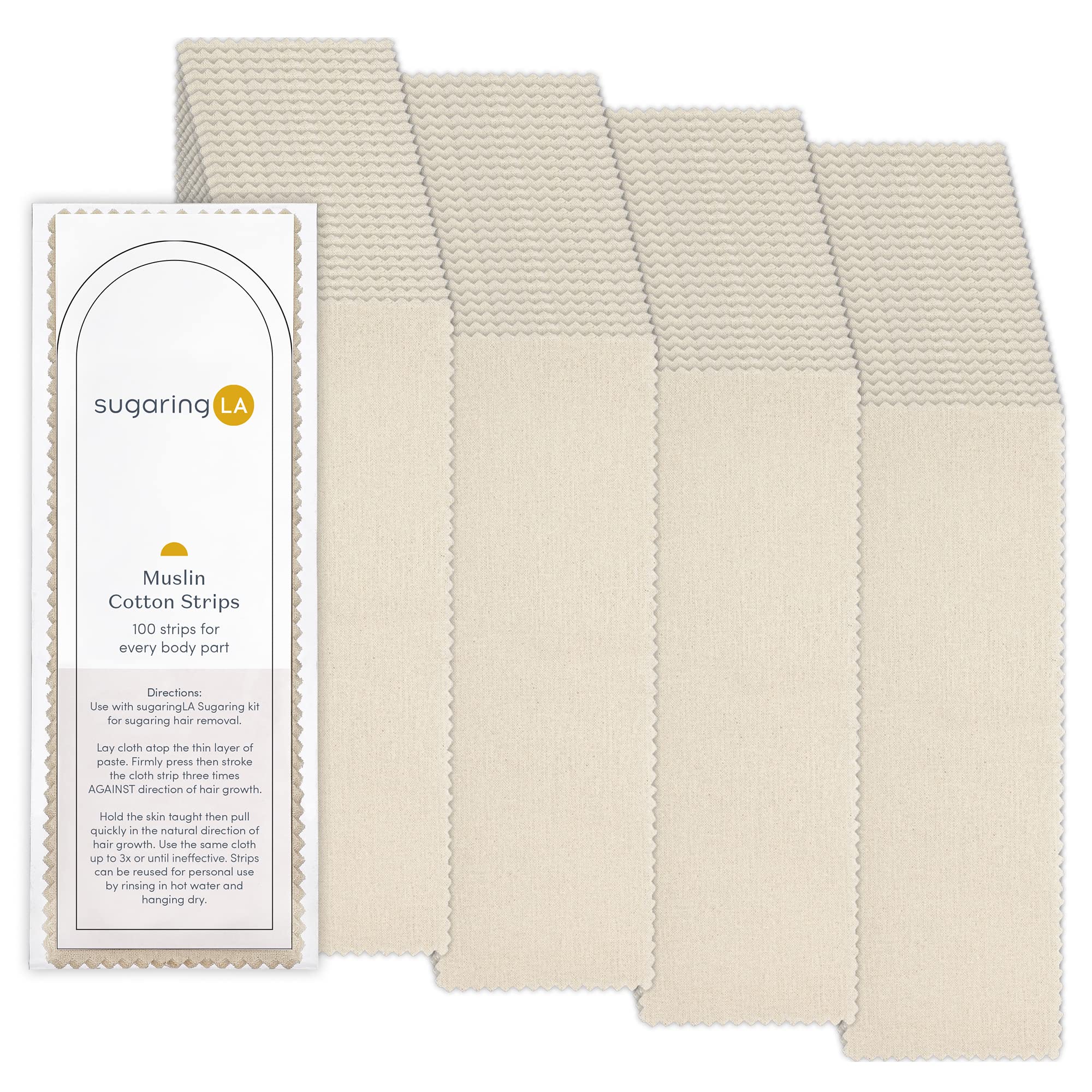 sugaringLA Muslin Cotton Sugaring Strips - Pre-cut Cloth Strips for Hair Removal - Body and Facial Hair Remover - Reusable (100 Pieces)