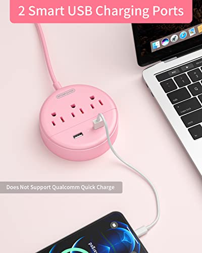 Rose Pink Power Strip with USB, NTONPOWER Flat Plug Extension Cord Nightst&Desktop Charging Station with 3 Outlet &2 USB, Wall Mount, Small Size for Dorm Room Home Office Travel, ,'5 FT Cord