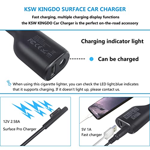 Surface Pro Car Charger Surface Laptop Car Charger, 36W 12V 2.58A Power Supply for Microsoft Surface Pro 3/4/5/6/Book/Go, Surface Laptop car Charger with USB 2.0 Port (5Ft Cord) Include Travel Case