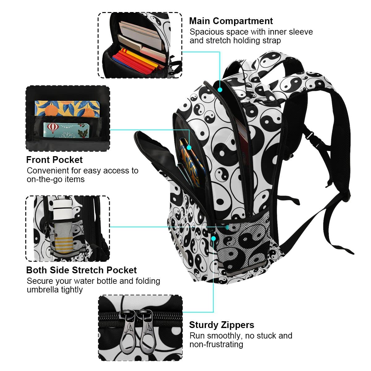 Glaphy Yin and Yang Symbols Backpack for Boys Girls Kids, Laptop Bookbag Lightweight Travel Daypack School Backpacks