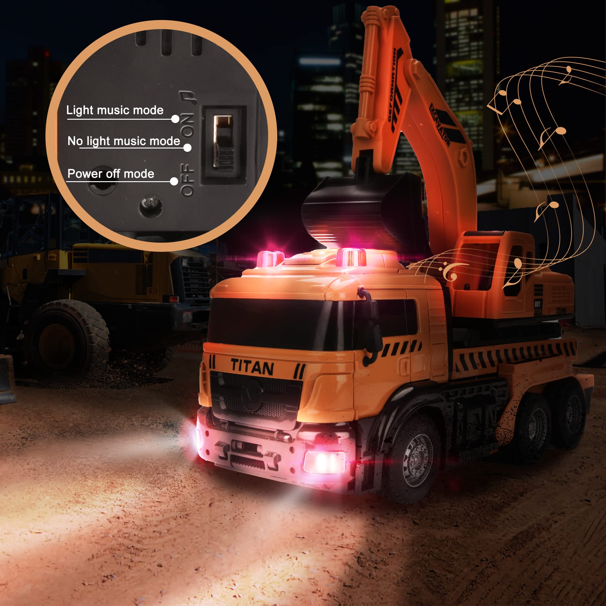 Ihowot Remote Control Toy Excavator, Transformer Car RC Robot Construction Engineering Vehicle with One-Button Deformation, Music and Light Effect, Gift Toy for Boys 4-7