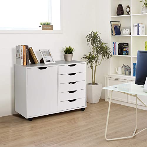 Giantex Drawers Cabinet Mobile Lateral Filing Organizer with 5 Drawers,1 Side Cabinet and Wheels Mobile Chest for Home Office Storage Use Dresser (31βx 15.5β x 25.5β, White)