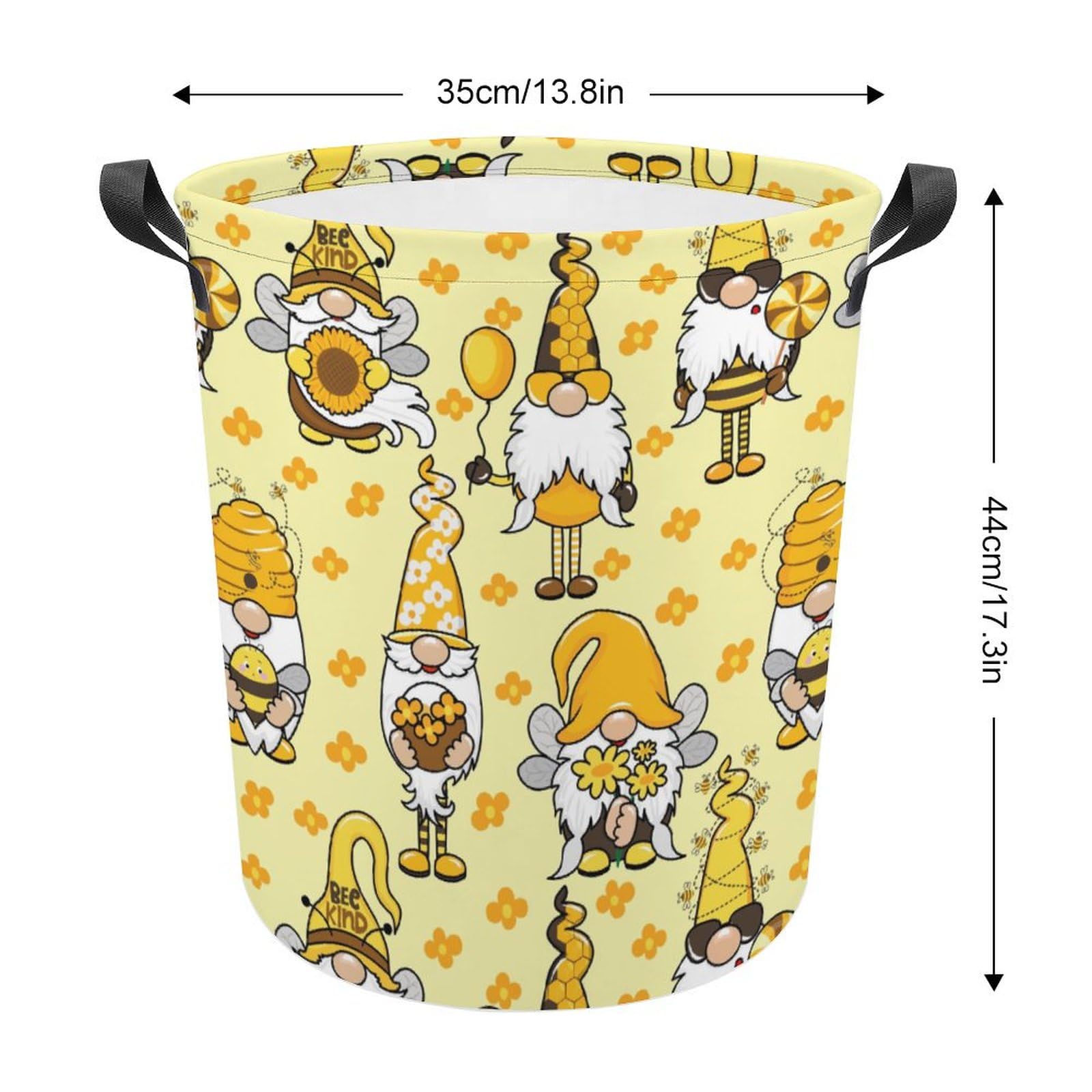 FISNAE Yellow Honey Bees Storage Baskets, Gnomes Flower Small Laundry Hamper-Collapsible Storage Bin with Handles Round Toy Organizer Bin for Kid's Room,Office,Nursery Hamper, Home Decor