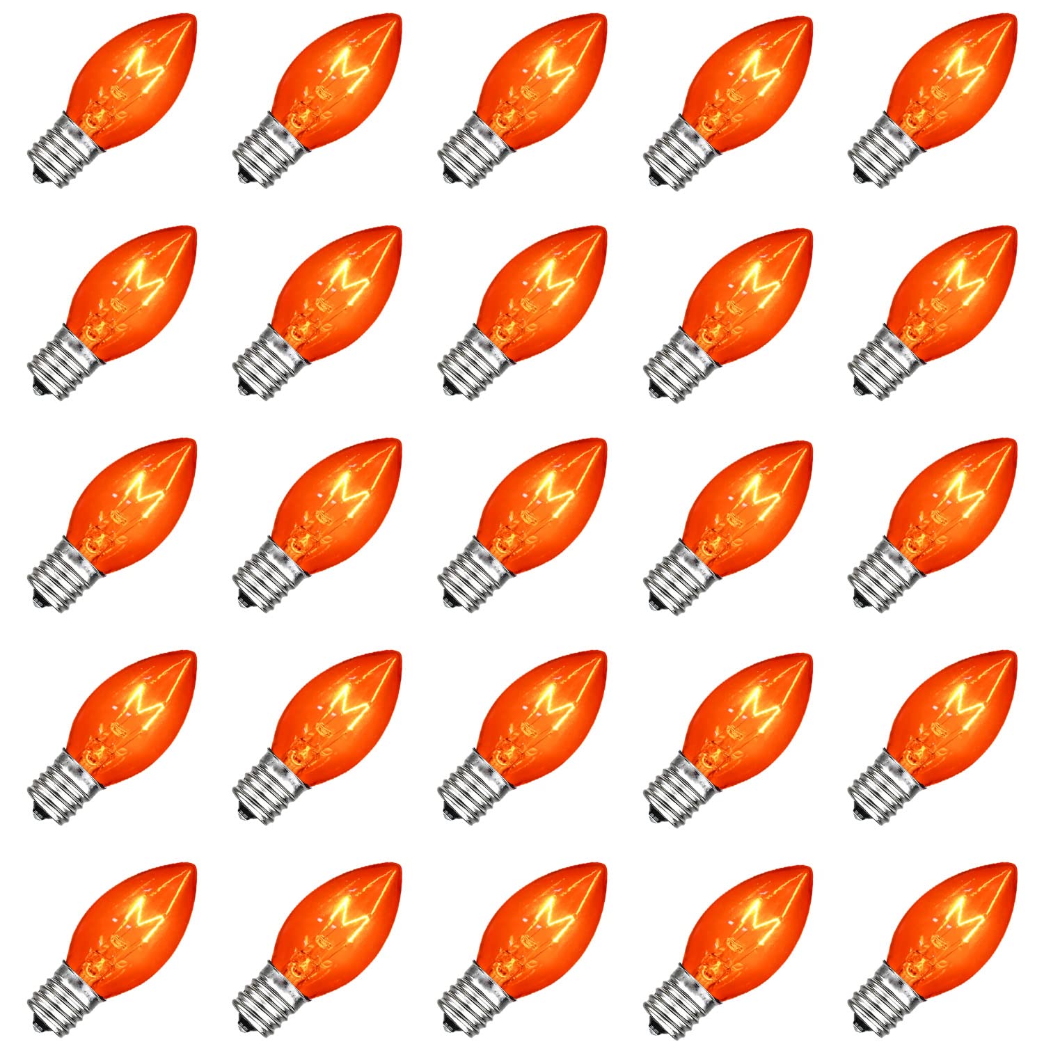 PASUTO 25 Pack Orange Light Bulb C7 Replacement Bulbs, Perfect as Halloween String Light Bulbs Replacement Orange Bulb, C7/E12 Candelabra Bulb, 5W Transparent Orange Incandescent Light Bulbs