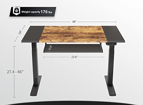 FEZIBO Dual Motor Height Adjustable Electric Standing Desk with Keyboard Tray, 48 x 24 Inch Sit Stand Table with Splice Board, Black Frame/Black and Rustic Brown Top
