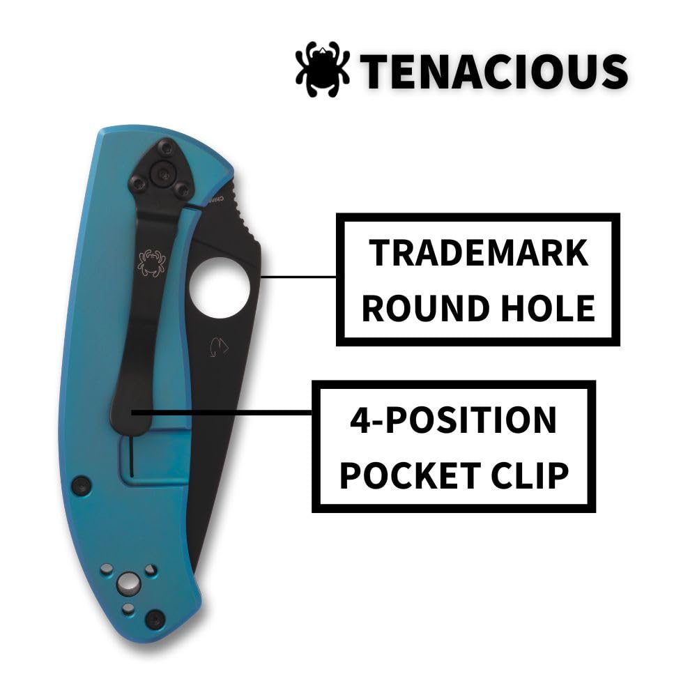 Spyderco Tenacious Folding Utility Pocket Knife with 3.35 In R.I.L. Blue Titanium Black Blade and Durable Handle - Everyday Carry - PlainEdge - C122TIBLBKP