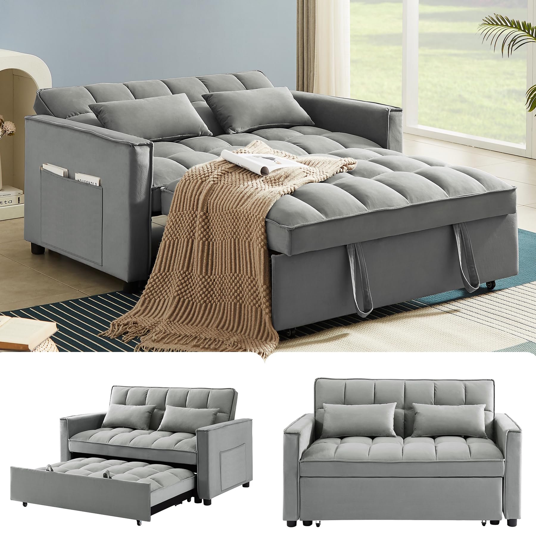 ONEMMLION 3 in 1 Convertible Sleeper Sofa Bed with Pullout Bed, Small Sofa, Loveseat Futon Sofa with Pillows, Pockets, Adjustable Backrest, Velvet Futon Couch Bed for RV, Living Room, Grey