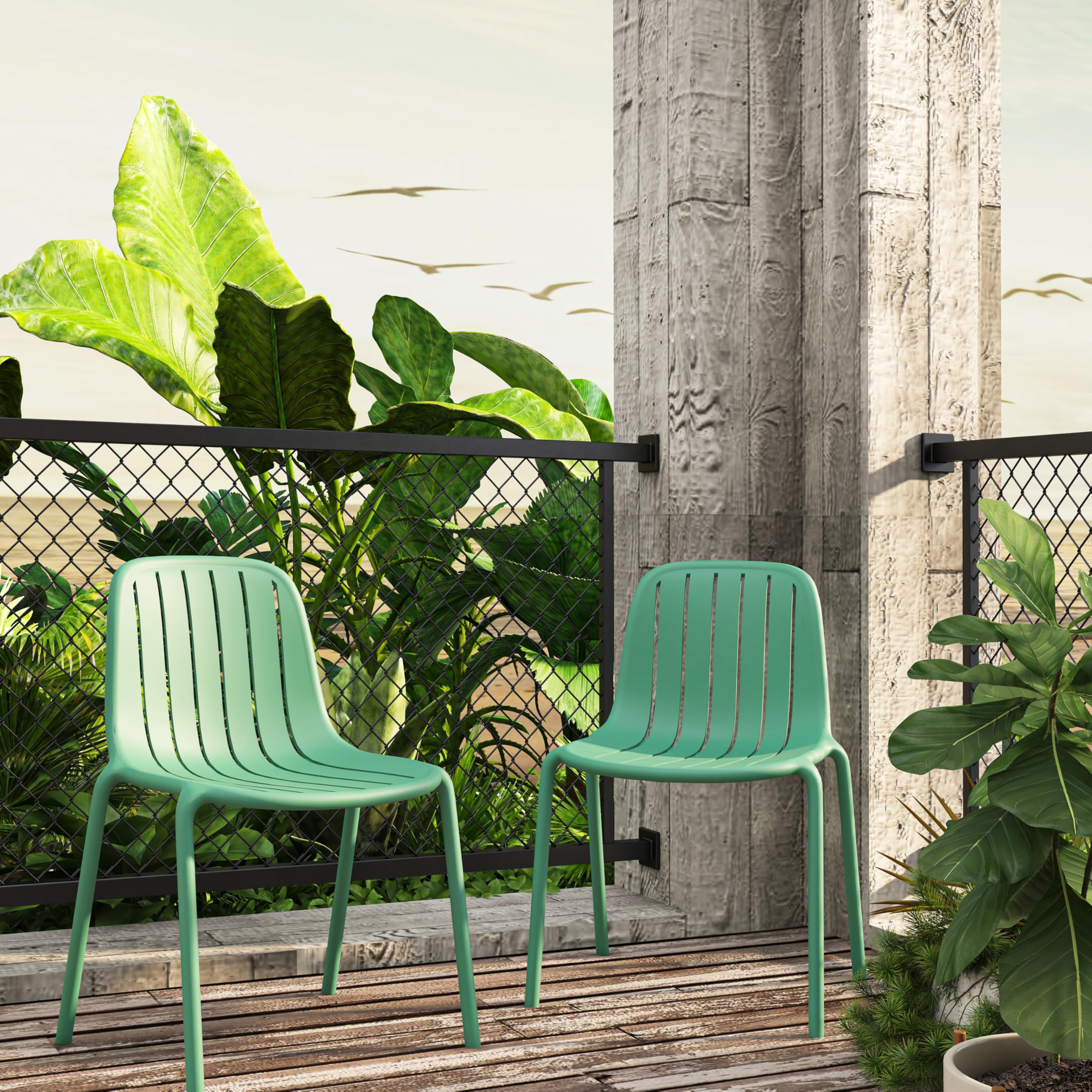 LESHI Patio Dining Chairs Plastic Stackable Chairs with Breathable Design Modern Simple Art Style for Dining Room Balcony Restaurant Kitchen Table Patio Indoor-Outdoor (Dark Green, 2 Pack-Armless)