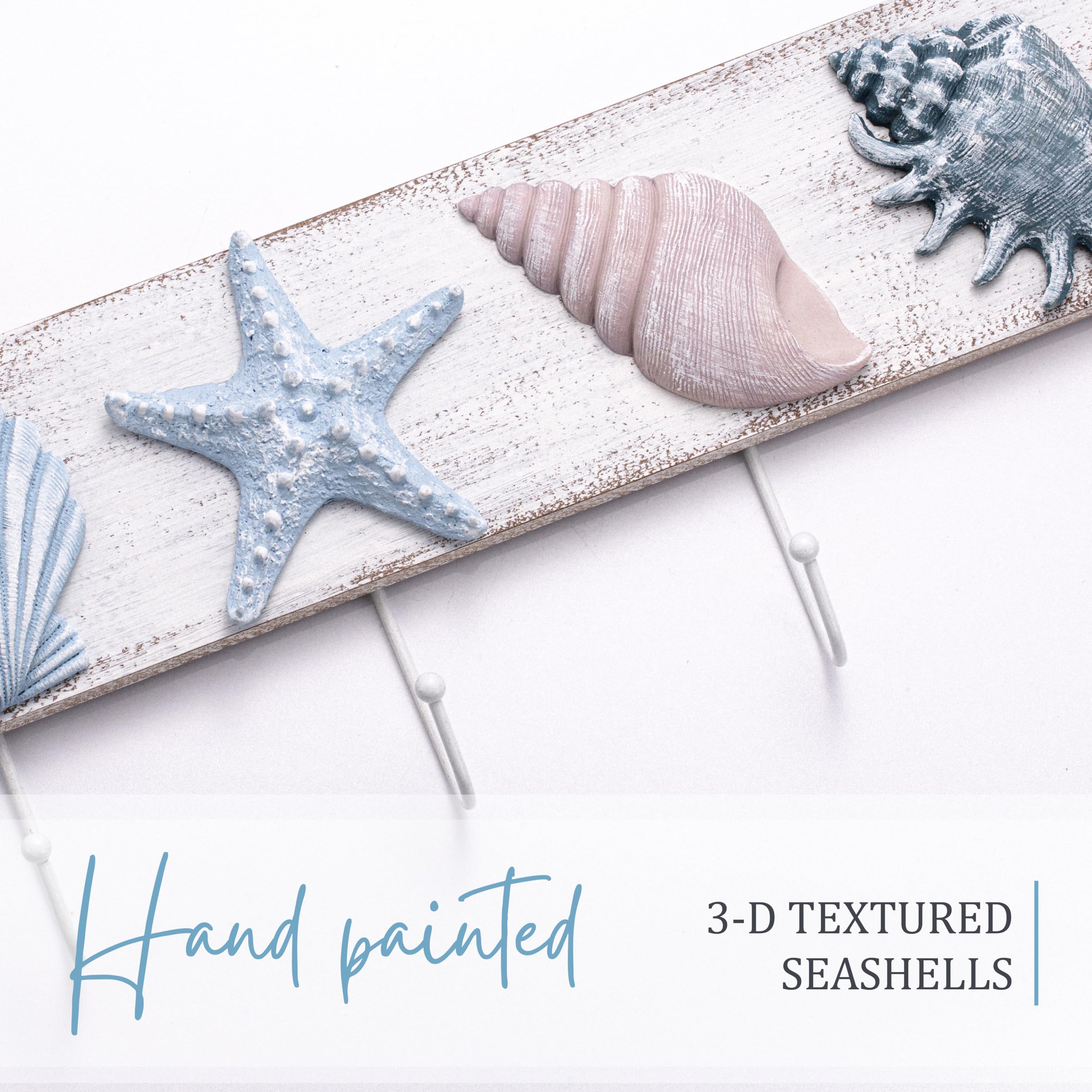 TideAndTales Beach Bathroom Decor 3D Seashell Wall Hooks Towel Rack for Coastal Bathroom, Bedroom or Kitchen - Shells and Starfish Beach Decorations for Home - Ocean Theme Beach House Decor