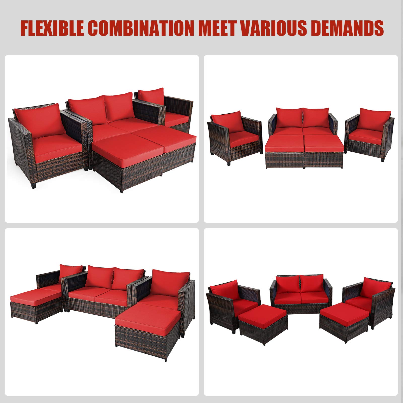 Tangkula 5 Pieces Patio Furniture Set, Outdoor Rattan Sofa Set w/Removable Cushions, Wicker Loveseat w/Single Sofa and Ottoman, Sectional Sofa Conversation Set for Backyard, Garden, Poolside (Red)