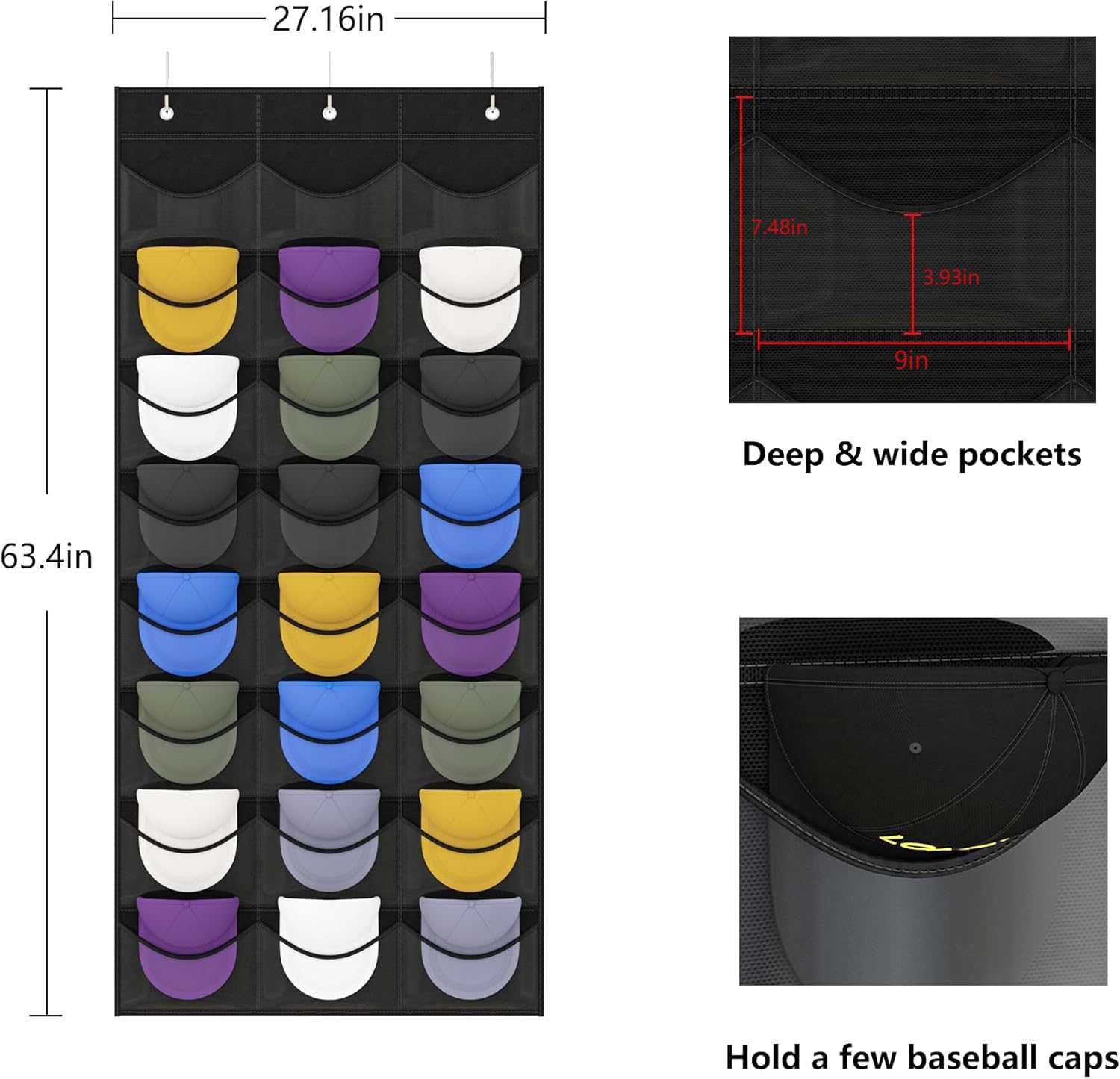 LONGD Hat Rack, Features 27 Clear Deep Pockets, Ideal for Organizing Baseball Caps, Convenient Over-The-Door or Wall Mount Design, Effortless Display and Storage, Sleek Gray