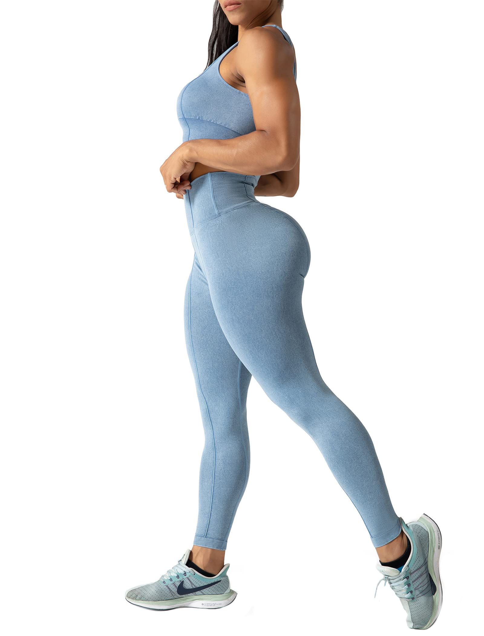 GYMTALENT Butt Lifting Scrunch Seamless Workout Sets for Women, High Waisted Yoga Sets, Butt Lifting Tummy Control Nostalgic Blue L