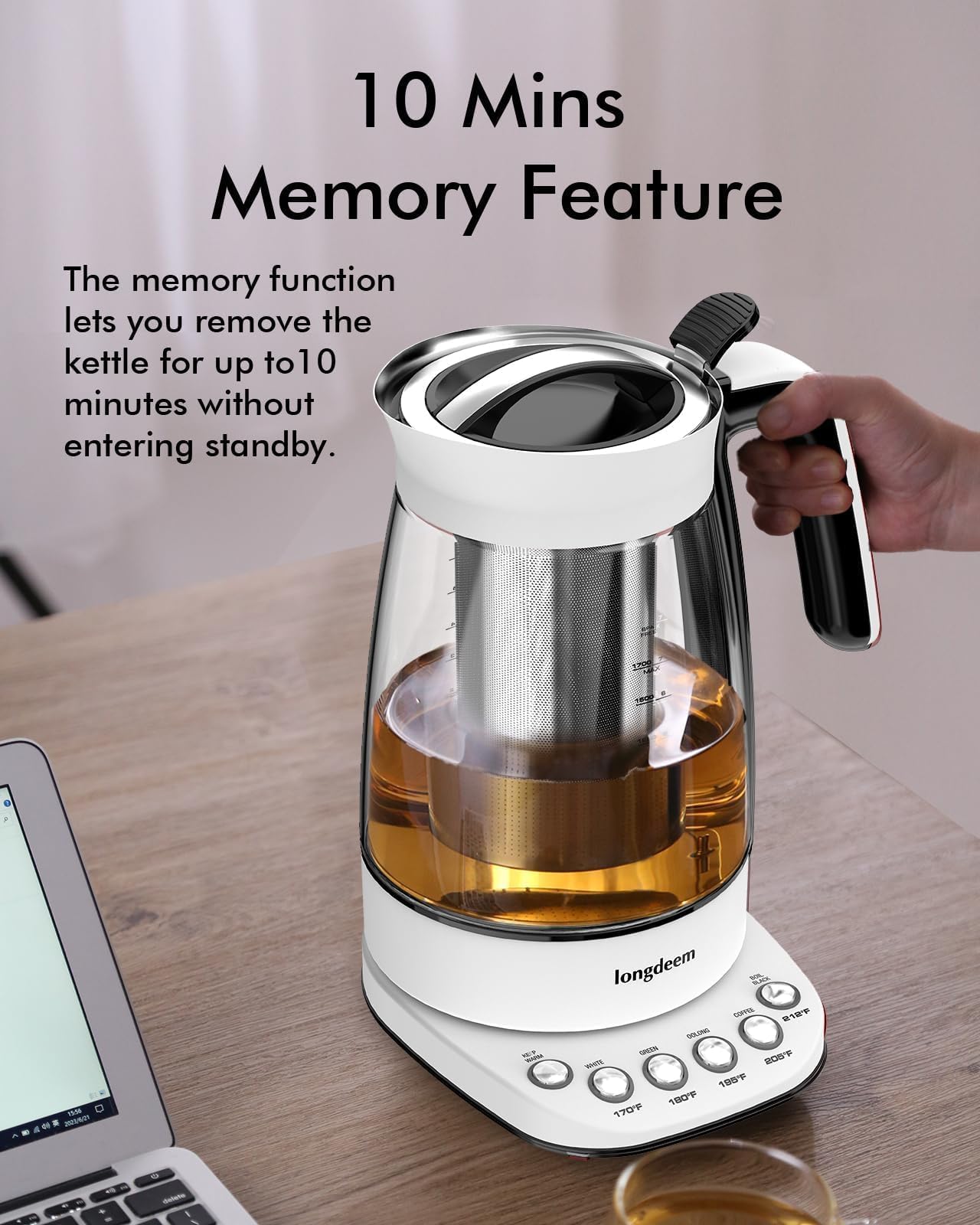 LONGDEEM Electric Glass Tea Kettle with Infuser, 1.7L Fast Boiling, Stainless Steel, Temperature Control Tea Maker, Non-BPA - Easy Lid Removal & Keep Warm Feature, White