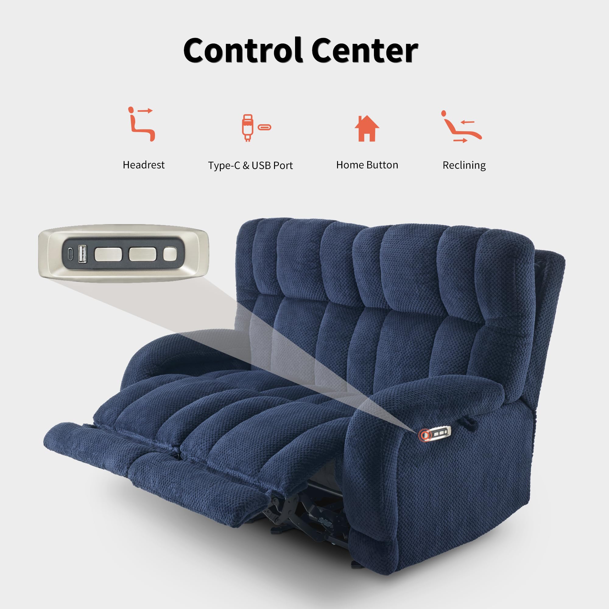 MCombo 64.6" Power Reclining Loveseat Sofa with Adjustable Headrest, Heat and Vibration, Fabric Electric Loveseat Recliner with USB Charge Ports for Living Room 6855 (Navy Blue)