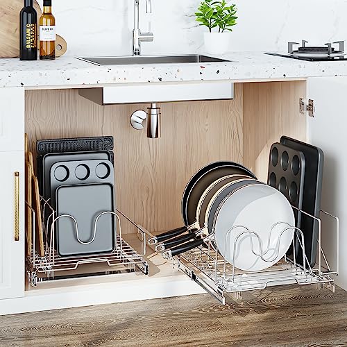 FANHAO Slide Out Cutting Board, Bakeware, and Tray Organizer, Wire Pull Out Kitchen Cabinet Organizer for Pots, Pans, and Lid Cookware, 13.5 inch wide x 17.7 inch deep β Chrome