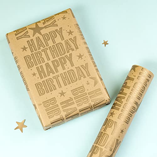 RUSPEPA Kraft Wrapping Paper Roll - Gold Happy Birthday Pattern Great for Birthday, Party, Baby Shower - 17.5 Inches X 32.8 Feet