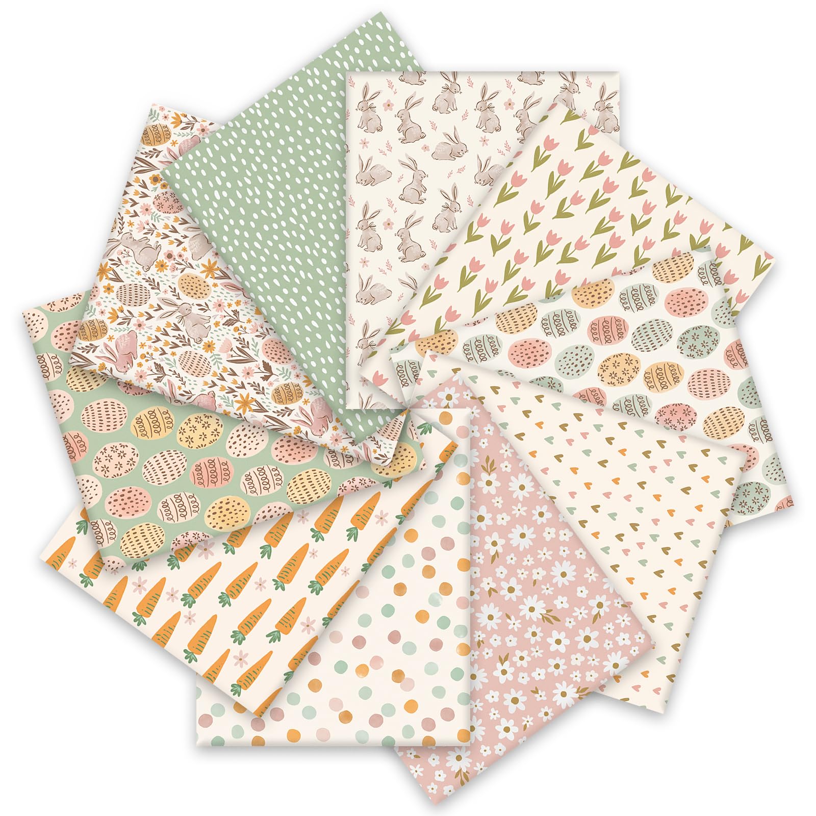 Whaline 10Pcs Easter Cotton Fabric Bundles Easter Bunny Egg Carrot Flower Fat Quarters Pastel Easter Spring Quilting Patchwork for DIY Handmade Craft Party Decor, 18 x 22 Inch