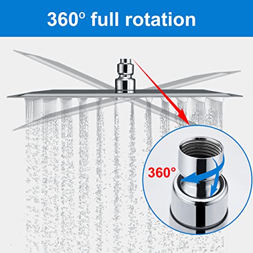 High Pressure Rain Shower head, 12" Square Rainfall & High Pressure Stainless Steel Bath Showerhead, Waterfall Full Body Coverage with Silicone Nozzle, (12 Inch, Chrome Finish)